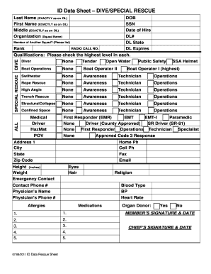 Fillable Online ID Data Sheet DIVE/SPECIAL RESCUE Fax Email Print ...