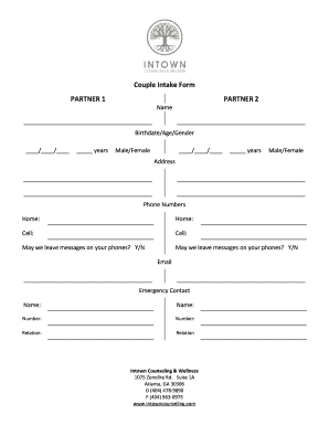 Fillable Online Couple Intake Form PARTNER 1 PARTNER 2 ...