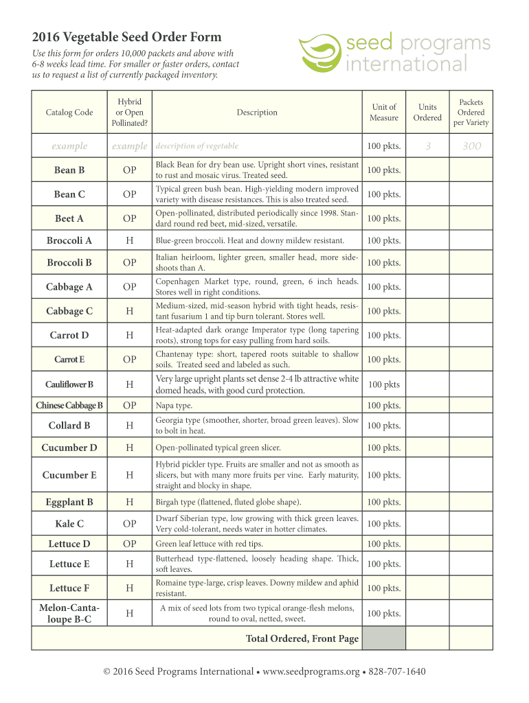 Fillable Online seedprograms 2016 Vegetable Seed Order Form Fax Email ...