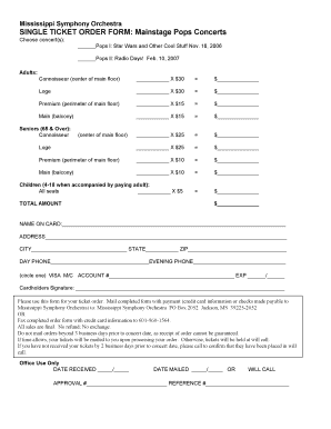 Fillable Online SINGLE TICKET ORDER FORM: Mainstage Pops Concerts Fax ...