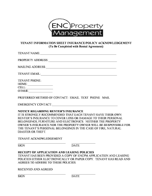Fillable Online TENANT INFORMATION SHEET INSURANCE/POLICY ...