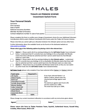 Fillable Online THALES UK PENSION SCHEME Investment Switch Form Your ...