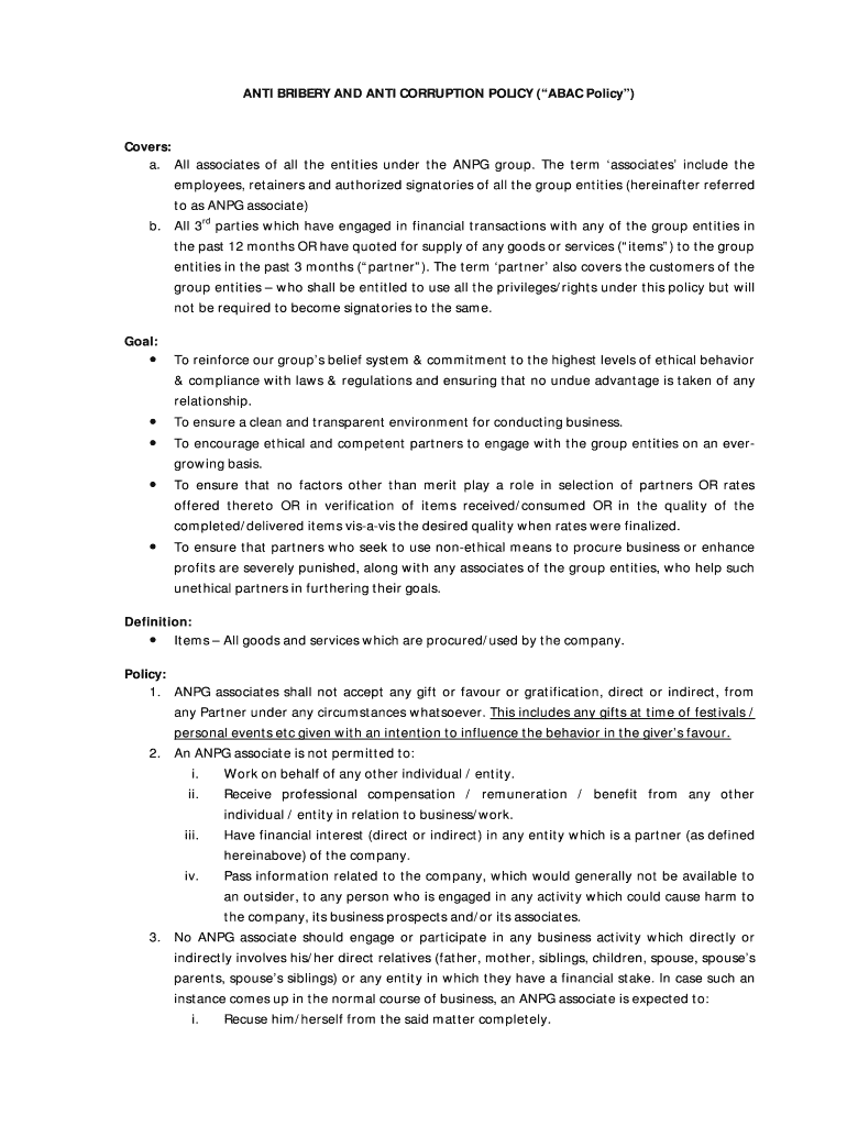 Fillable Online ANTI BRIBERY AND ANTI CORRUPTION POLICY (ABAC Policy ...