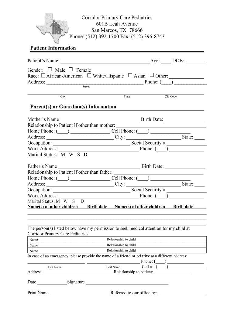 Fillable Online Corridor Primary Care Pediatrics 601B Leah Avenue San ...