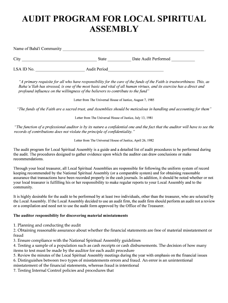 Fillable Online bahaitreasurer AUDIT PROGRAM FOR LOCAL SPIRITUAL ...