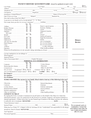 Fillable Online theeyegroup PATIENT HISTORY QUESTIONNAIRE must be updated at each visit Fax ...