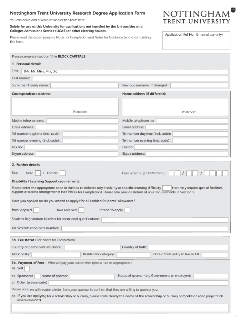 Nottingham Trent University Research Degree Fill Out And Sign Online