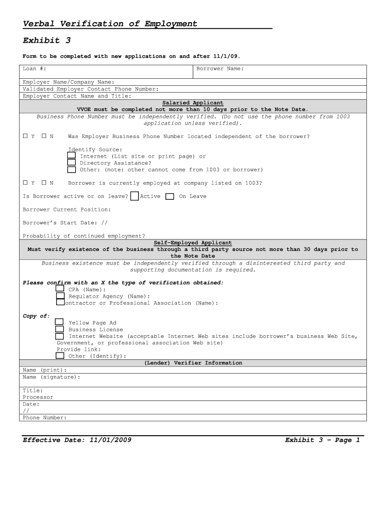 Fillable Online Verbal Verification of Employment Exhibit 3 - bsmdirect.com Fax Email Print ...
