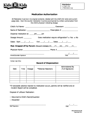 Fillable Online Medication Authorization / Record of Dispensation Fax ...