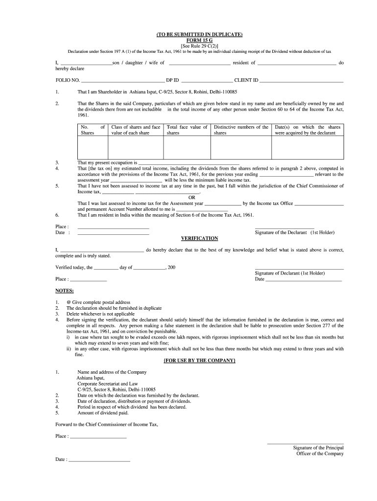 Fillable Online ashianaispat FORM 15 G - Ashiana Ispat Fax Email Print ...
