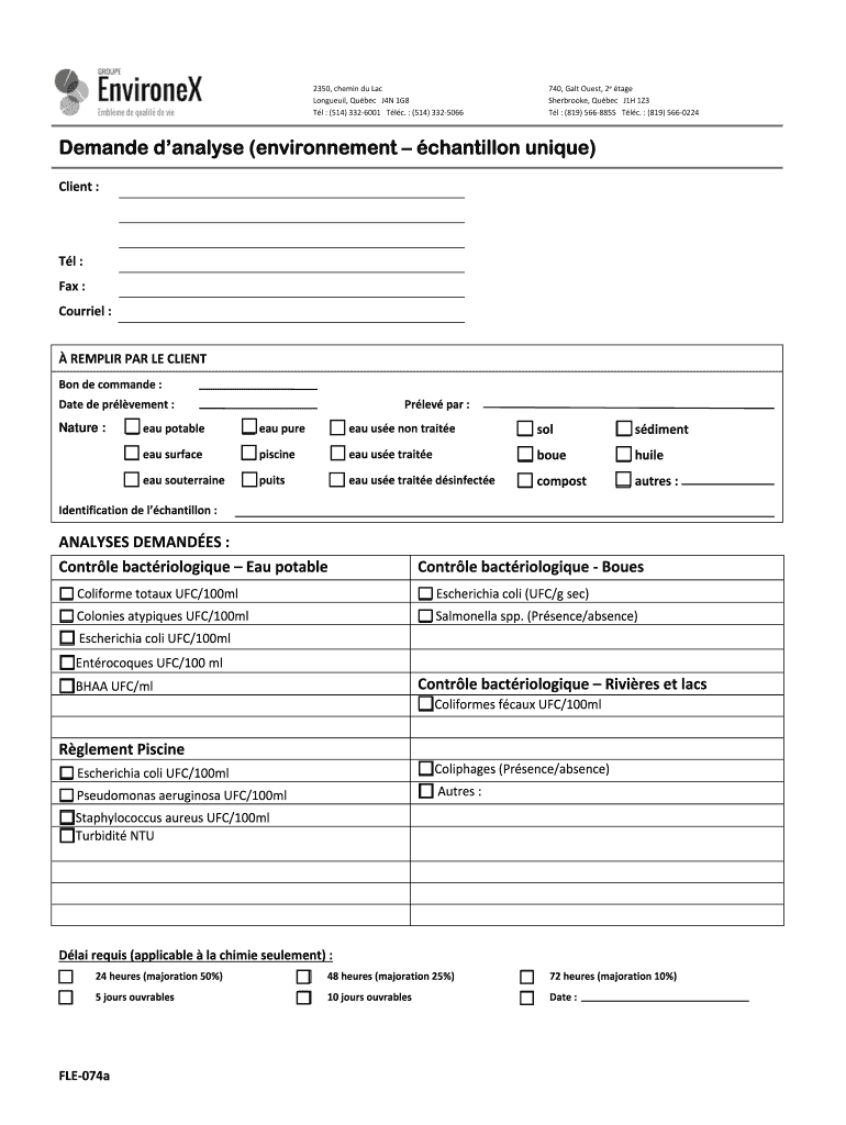 Fillable Online 074a Demande d analyse (environnement chantillon unique) Client : T l : Fax ...