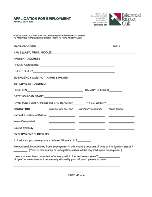 Fillable Online BRC Employment Application - Bakersfield Racquet Club ...