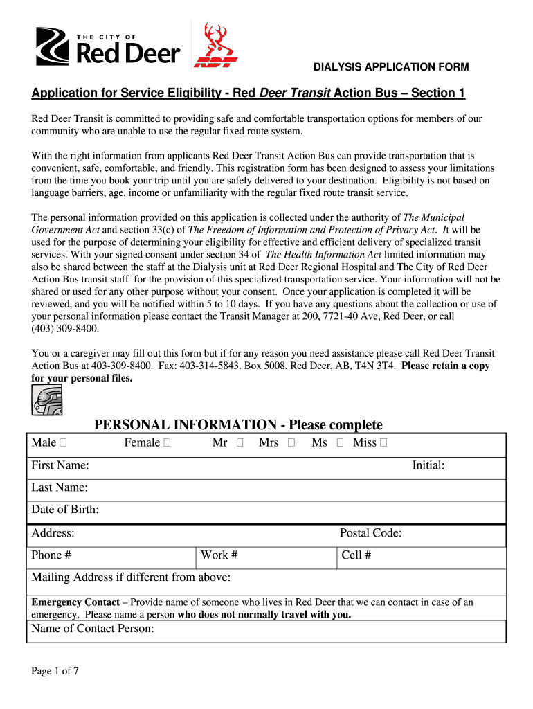 Fillable Online reddeer Transit - TAB Dialysis Registration Form Dec ...