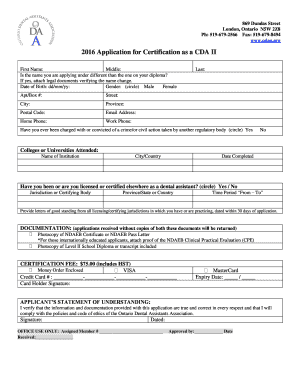 Fillable Online odaa 2016 Application for Certification as a CDA II ...