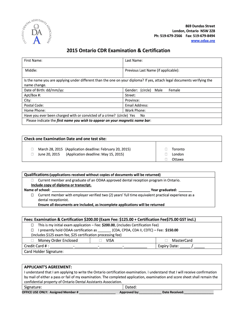 Fillable Online odaa org 2015 Ontario CDR Examination & Fax Email Print ...