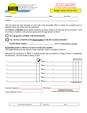 Fillable Online Burglar Alarm Call List Form - Mijac Alarm... Fax Email ...