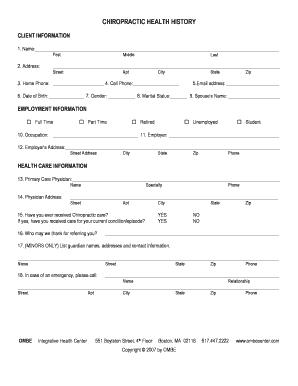 Fillable Online CHIROPRACTIC HEALTH HISTORY Fax Email Print - pdfFiller