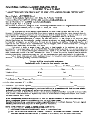 Fillable Online YOUTH 2000 RETREAT LIABILITY RELEASE FORM Fax Email ...