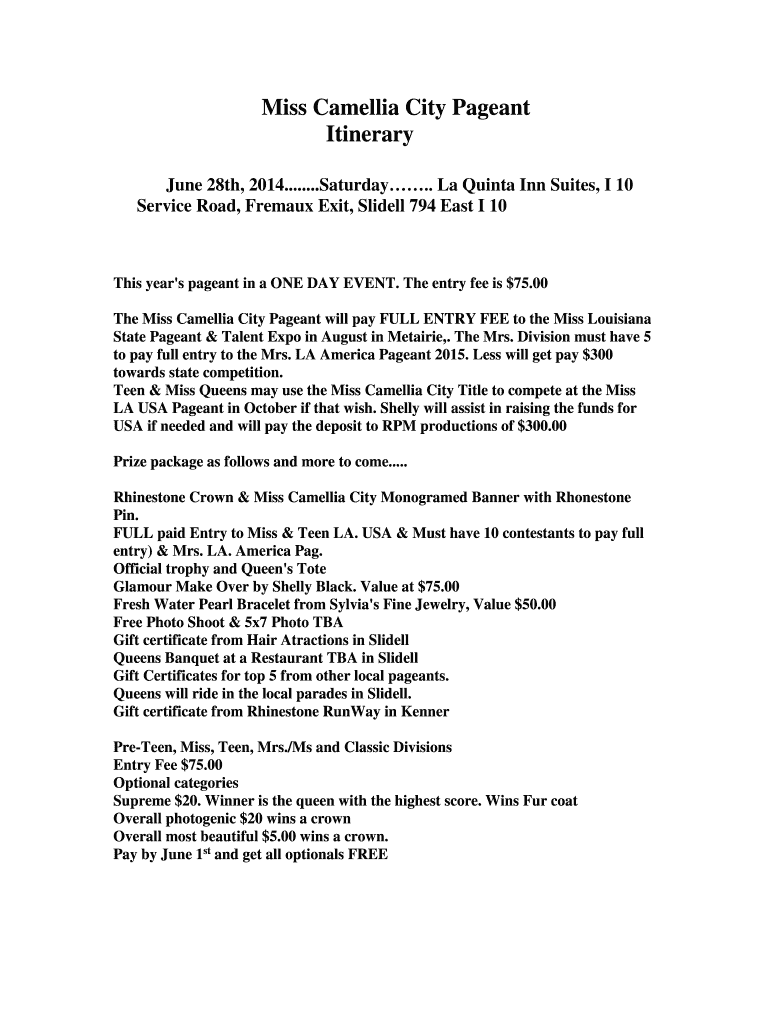 Fillable Online Miss Camellia City Pageant Itinerary Fax Email Print ...