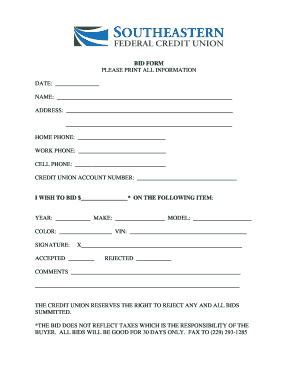 Fillable Online REPO BID FORM - Southeastern CU Fax Email Print - pdfFiller