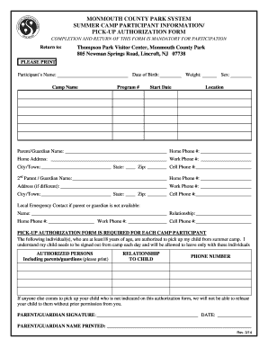 Fillable Online Participant Information and Pick-Up Authorization Form ...