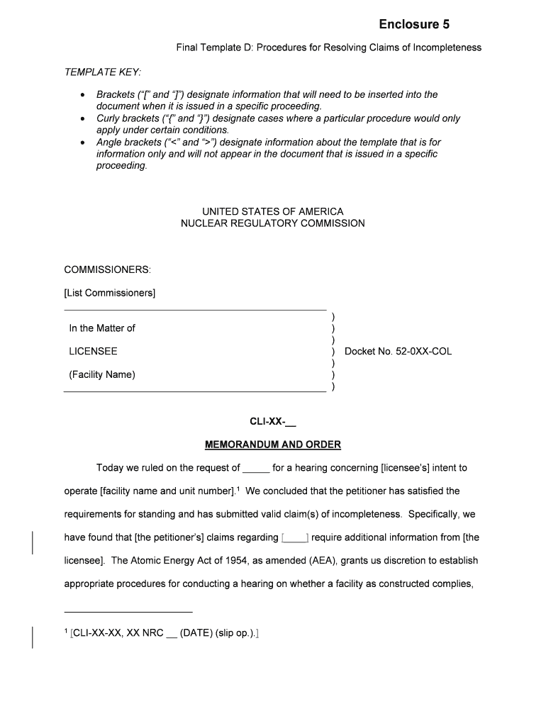 Fillable Online nrc Final Template D: Procedures for Resolving Claims ...