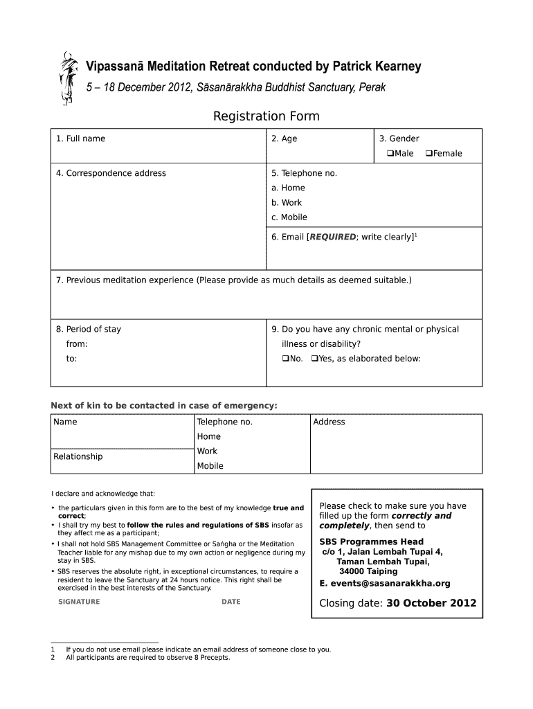 Fillable Online sasanarakkha Official Retreat Registration Form PKs ...