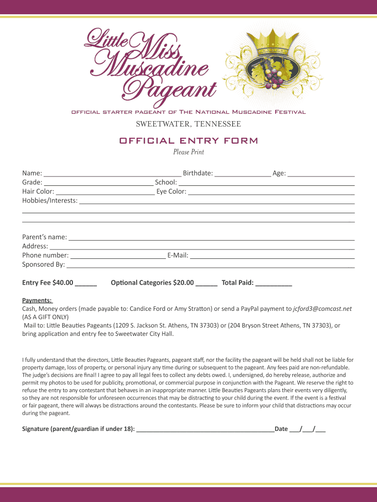 Fillable Online Sweetwater, tenneSSee OFFICIAL ENTRY FORM Fax Email ...
