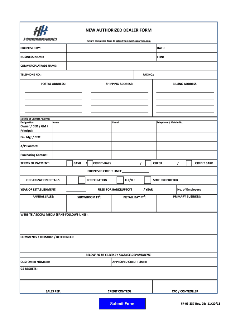 Fillable Online NEW AUTHORIZED DEALER FORM - Hammerhead Bumpers Fax ...