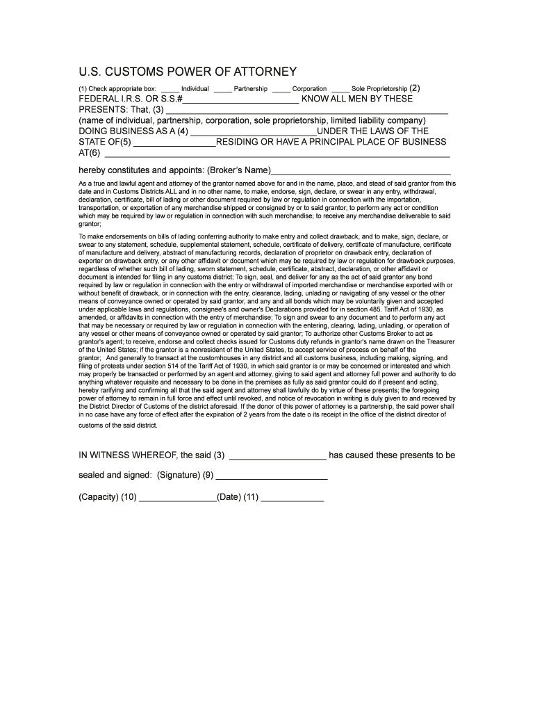 Fillable Online U.S. CUSTOMS POWER OF ATTORNEY - gnkauto.com Fax Email ...