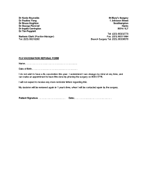 Fillable Online stmaryssurgery nhs Flu refusal form.doc ...