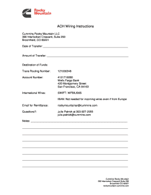 Fillable Online ACH Wiring Instructions - Cummins Rocky Mountain Fax ...