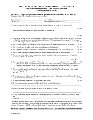 Fillable Online STATEMENT OF HEALTH for HORSE MORTALITY INSURANCE This ...
