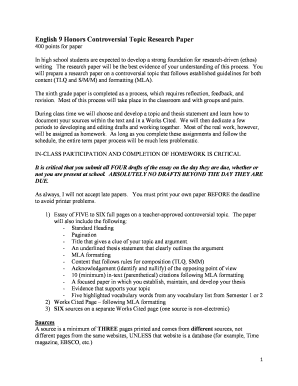 Fillable Online esusdteacherpages English 9 Honors Controversial Topic ...