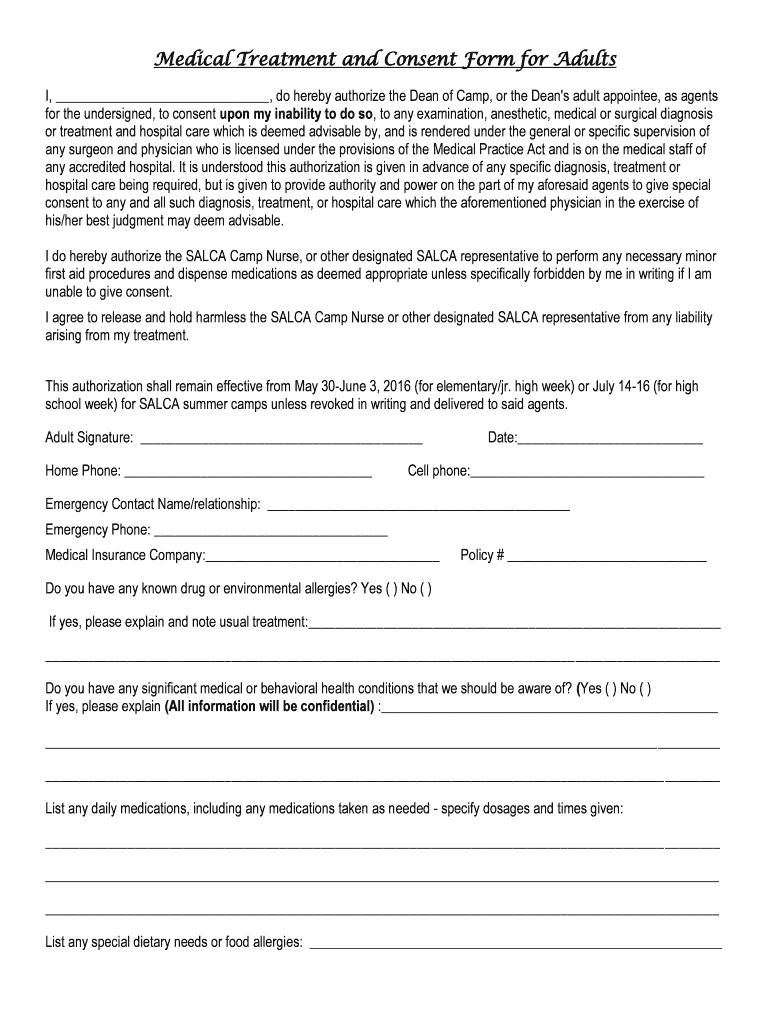 Fillable Online Medical Treatment and Consent Form for Adults Fax Email ...