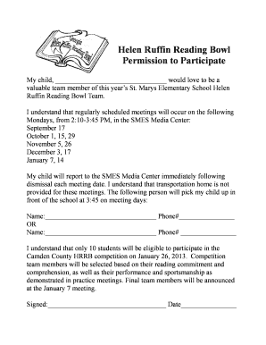 Fillable Online smes camden k12 ga Helen Ruffin Reading Bowl Permission ...
