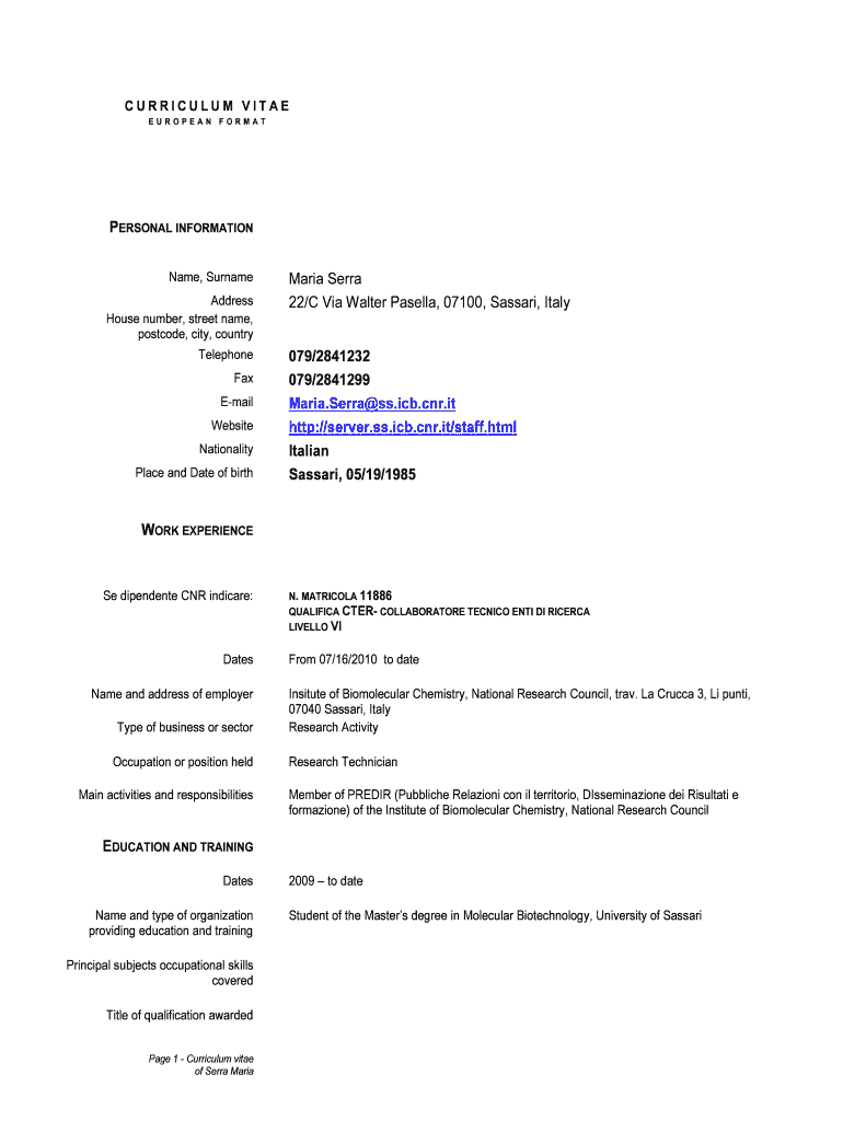 Fillable Online web na icb cnr CURRICULUM VITAE EUROPEAN FORMAT PERSONAL INFORMATION Name ...