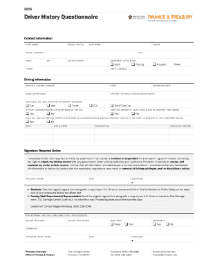 Fillable Online finance princeton Driver History Questionnaire Fax ...