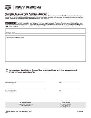 Fillable Online employees tamu Wellness Release Time Acknowledgement ...