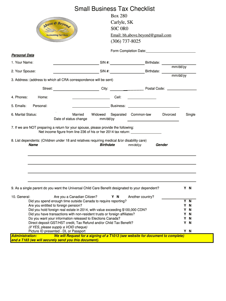 Fillable Online abaccountingservices Small Business Tax Checklist ...