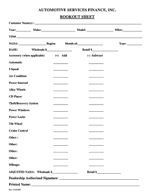 Fillable Online AUTOMOTIVE SERVICES FINANCE, INC. BOOKOUT SHEET Fax ...