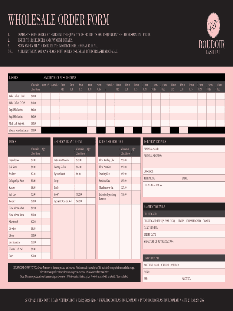 Fillable Online Wholesale oRdeR foRm - Boudoir Lash Bar Fax Email Print - pdfFiller