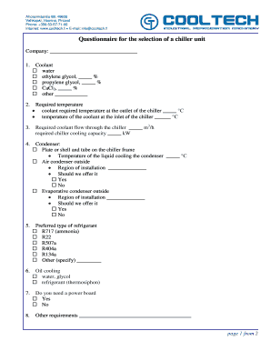 Fillable Online cooltech Questionnaire for the selection of a chiller unit Fax Email Print ...