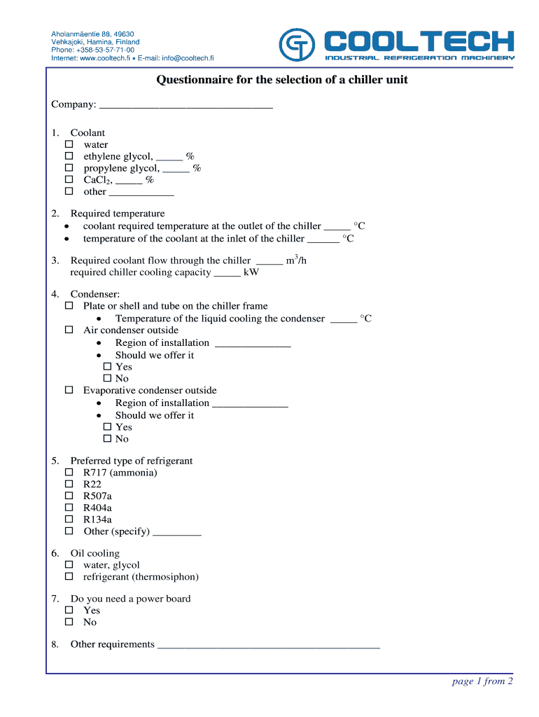 Fillable Online cooltech Questionnaire for the selection of a chiller ...
