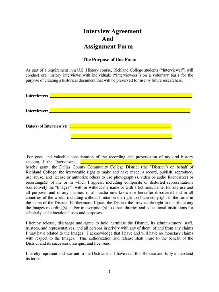 Fillable Online Interview Agreement And Assignment Form Fax Email Print ...