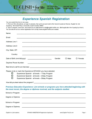 Fillable Online Experience Spanish Registration - English for Life Fax ...