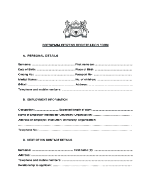 Fillable Online embassyofbotswana BOTSWANA CITIZENS REGISTRATION FORM A ...