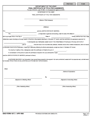 Fillable Online publications usace army ENG Form 1017 Final Certificate ...