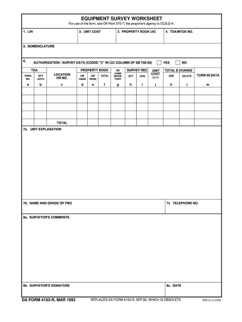Fillable Online apd army EQUIPMENT SURVEY WORK SHEET. DA FORM 4153-R ...