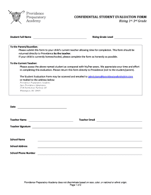 Fillable Online CONFIDENTIAL STUDENT EVALUATION FORM Rising 1 -3 Grade ...